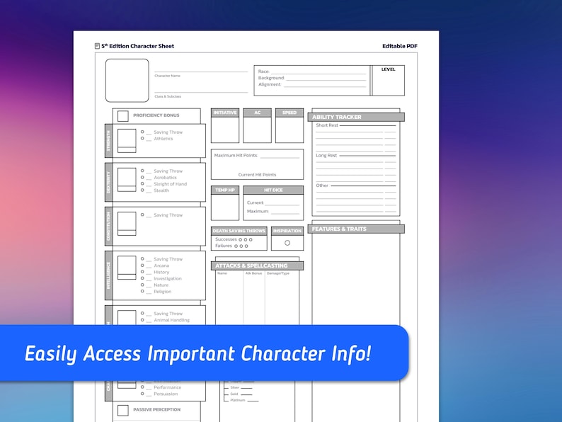Dnd 5e Digital Character Sheet: Fillable PDF Compatible With Dungeons and Dragons 5th Edition ...