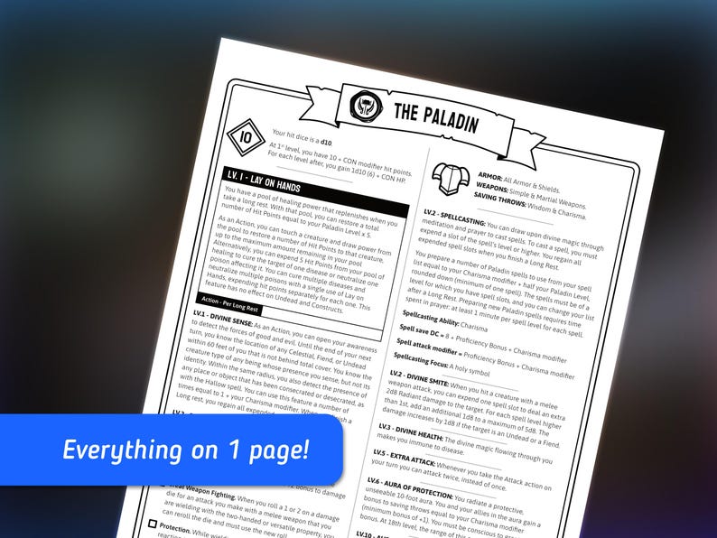 D&D 5e Paladin Class Reference Sheet: Fillable PDF - Etsy