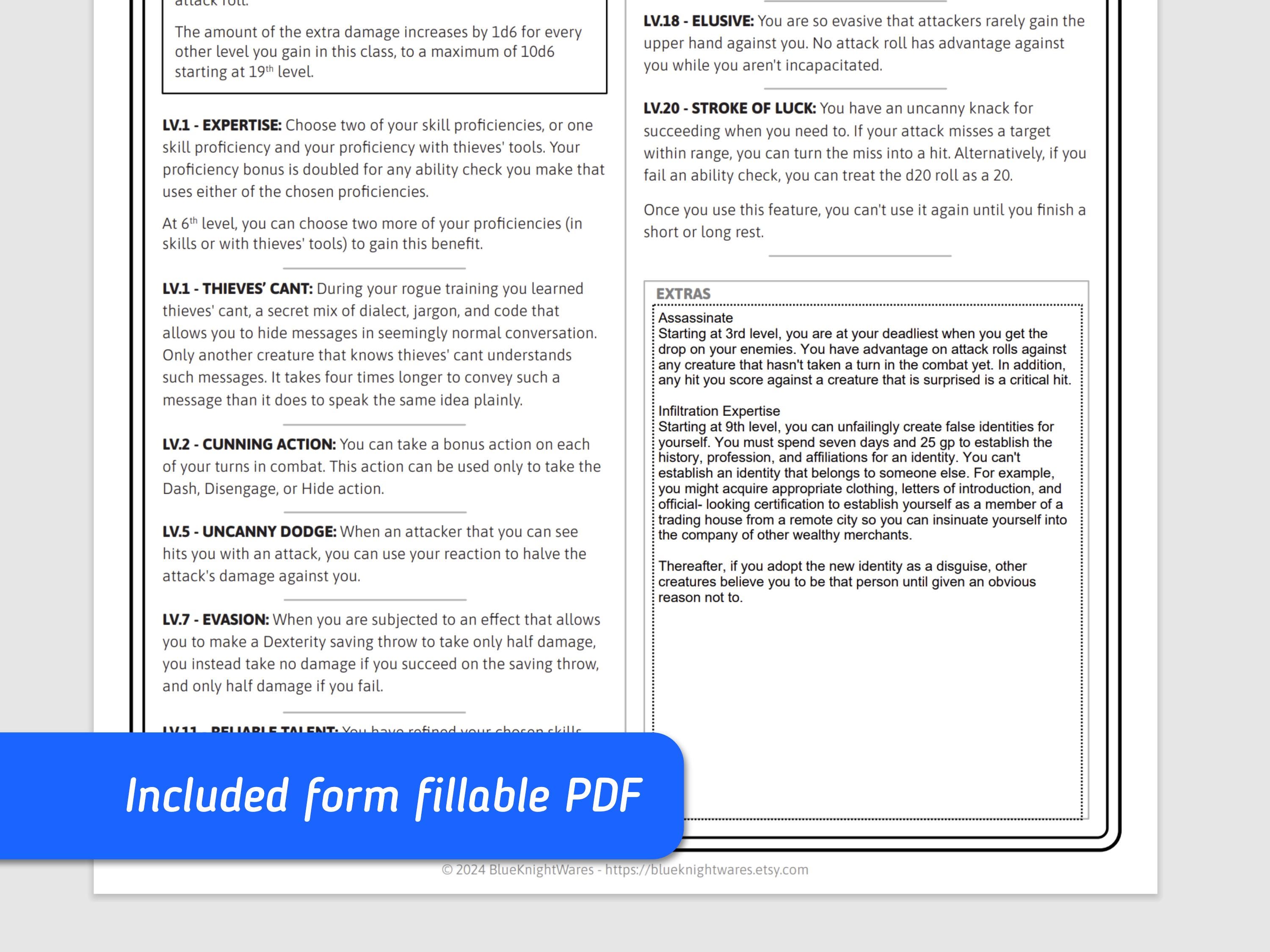 D&D 5e Rogue Class Reference Sheet: Fillable PDF - Etsy