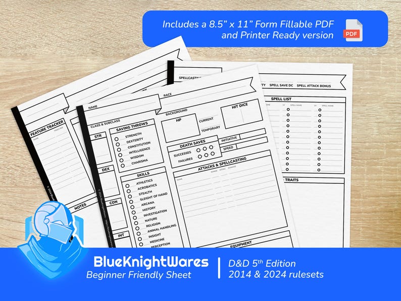 Dnd 5e Beginner Friendly Character Sheet: Fillable PDF Compatible With Dungeons and Dragons 5th ...