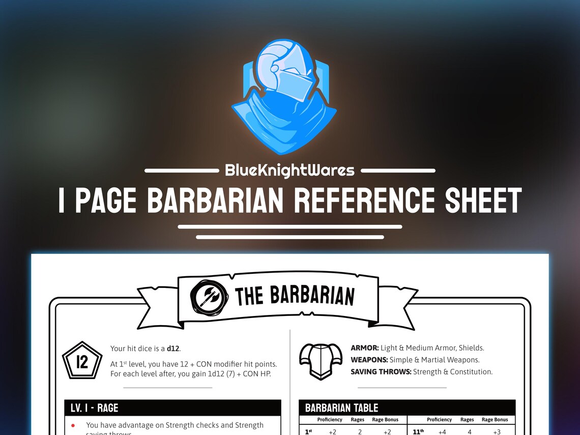D&D 5e Barbarian Class Reference Sheet: Fillable PDF - Etsy