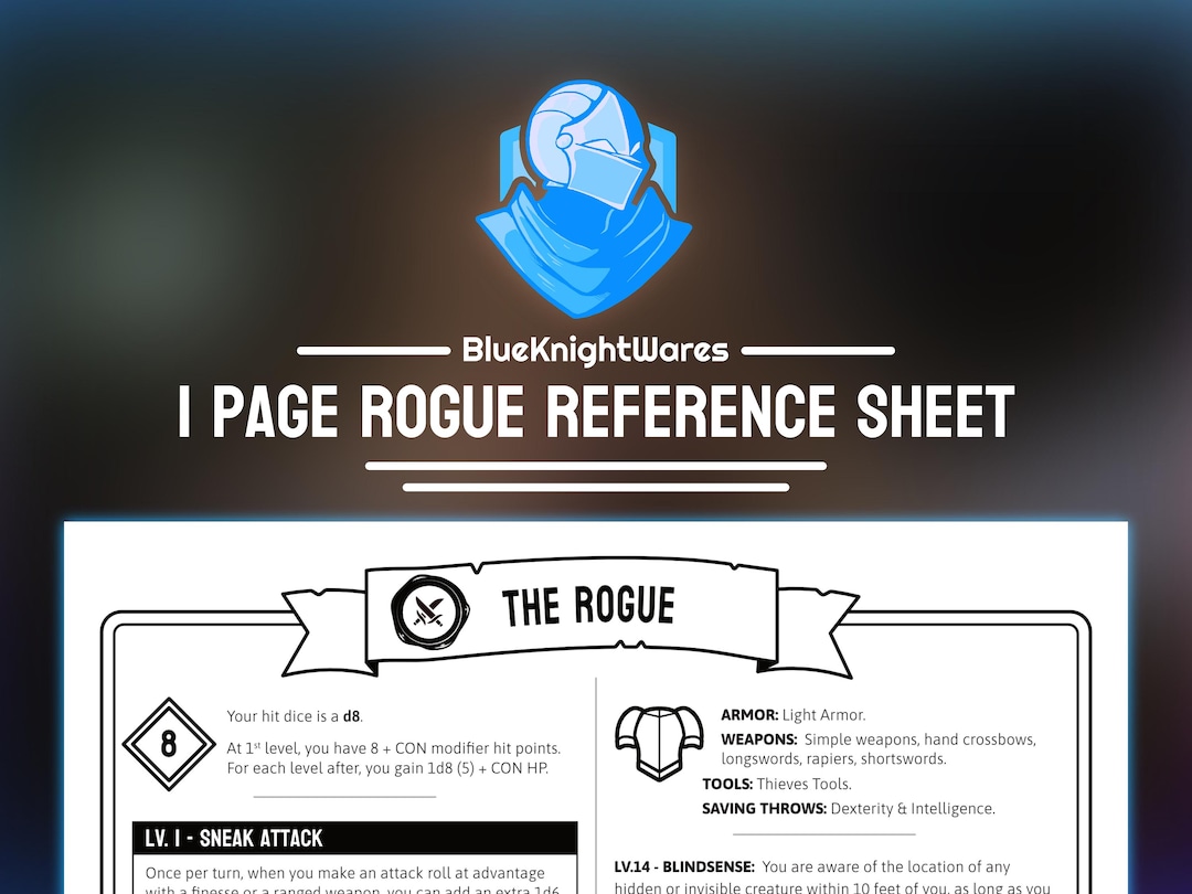 D&D 5e Rogue Class Reference Sheet: Fillable PDF - Etsy