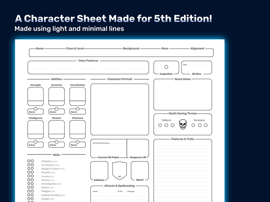 Dnd 5e Simple Outline Character Sheet: Printable & Fillable PDF ...