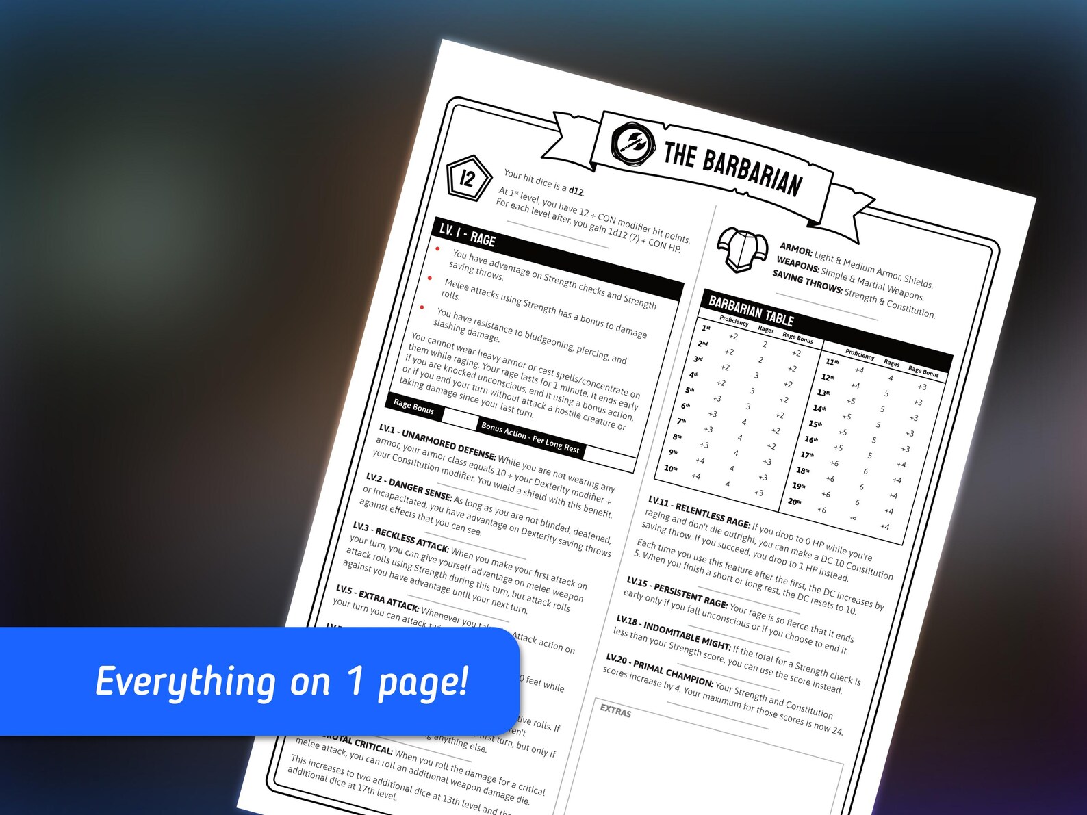 D&D 5e Barbarian Class Reference Sheet: Fillable PDF - Etsy