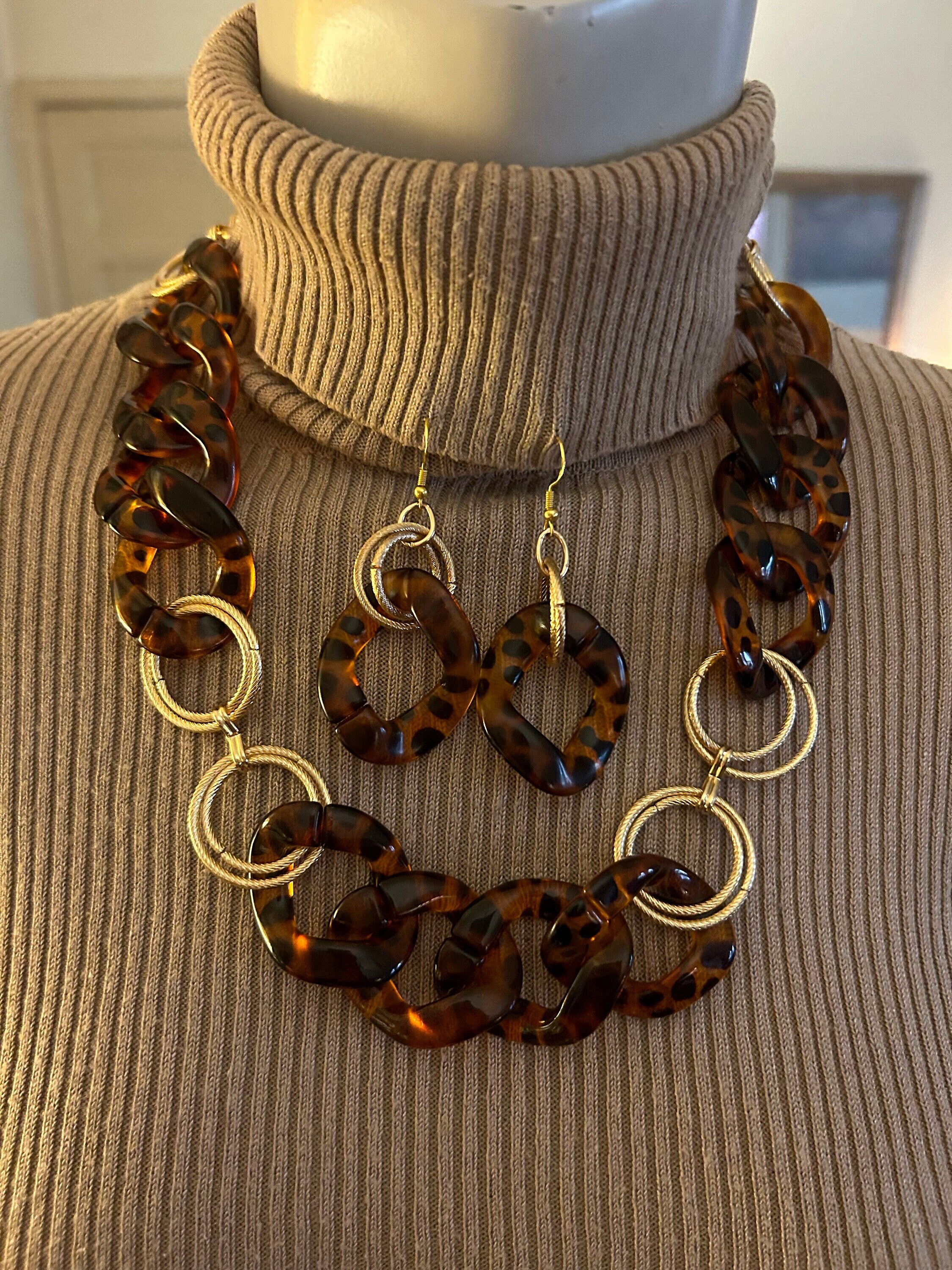 shellscape53 Chunky Tortoiseshell and Gold Statement Adjustable Necklace Earrings Gift Boxed Jewelry Set. Tortoiseshell Statement