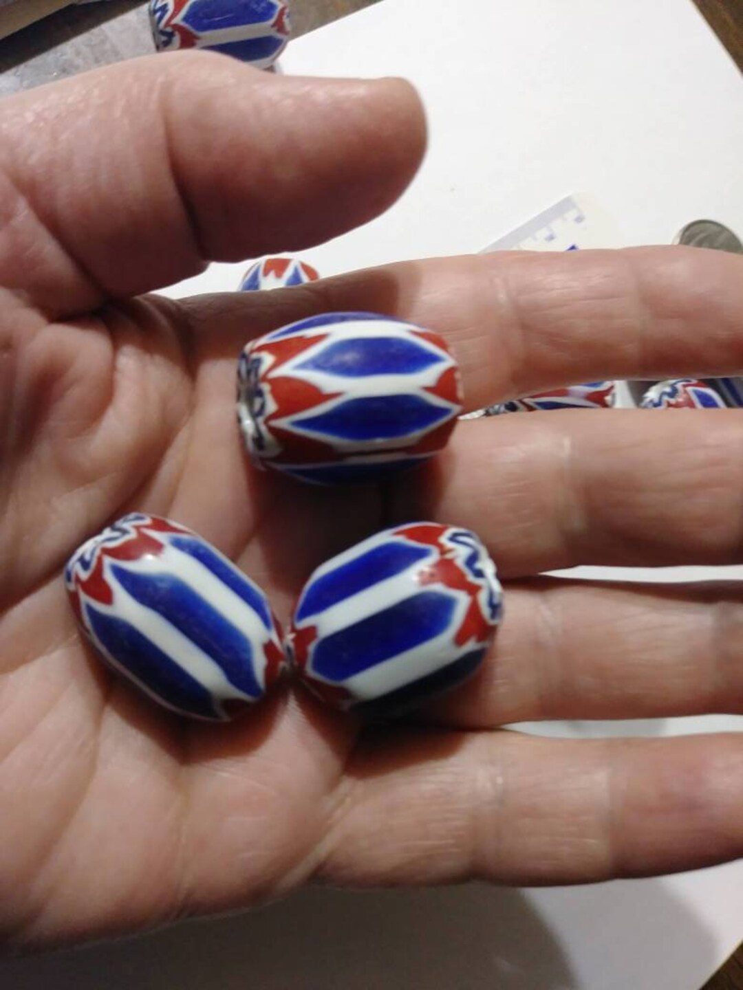 10 New Lg Six Layer Rosetta Chevron Beads Blue Red White Stripe ...