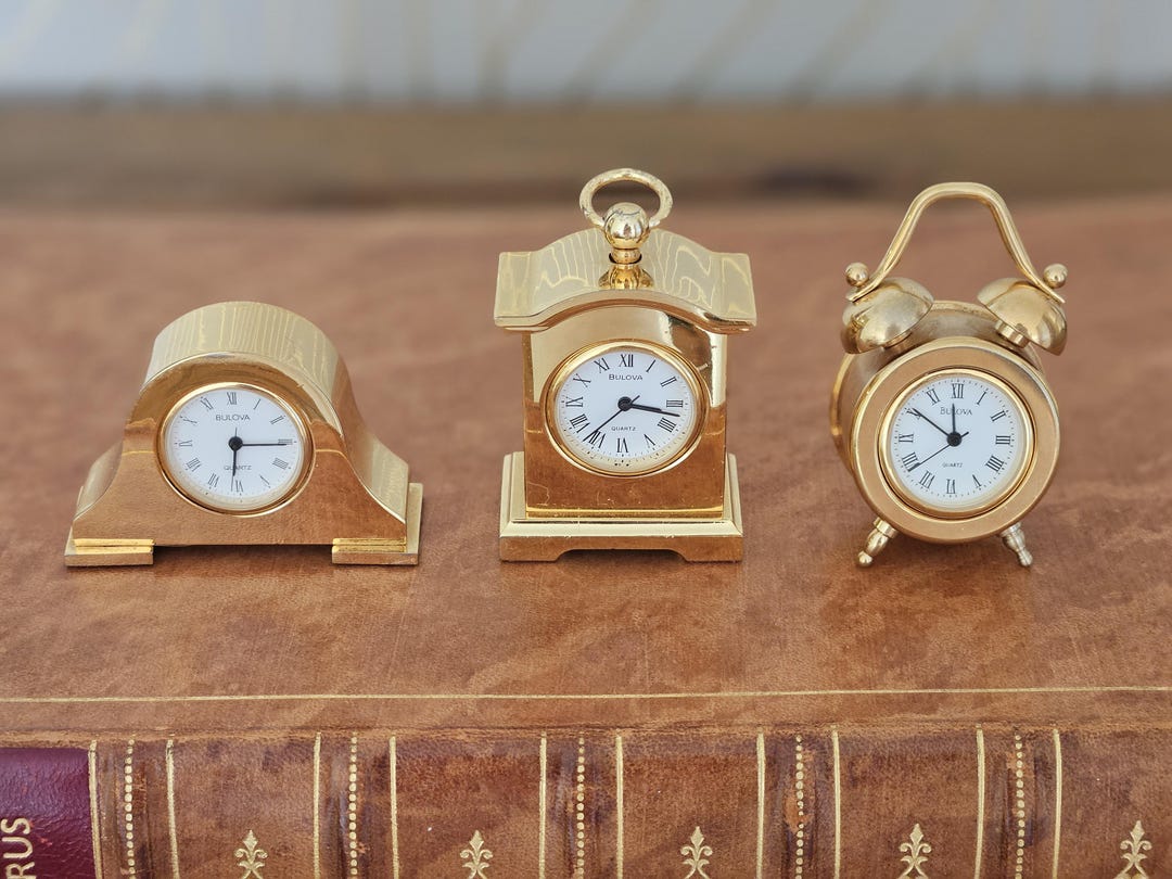 Set of 3 Vintage Bulova Miniature Brass Desk Mantel Clocks, Bulova ...