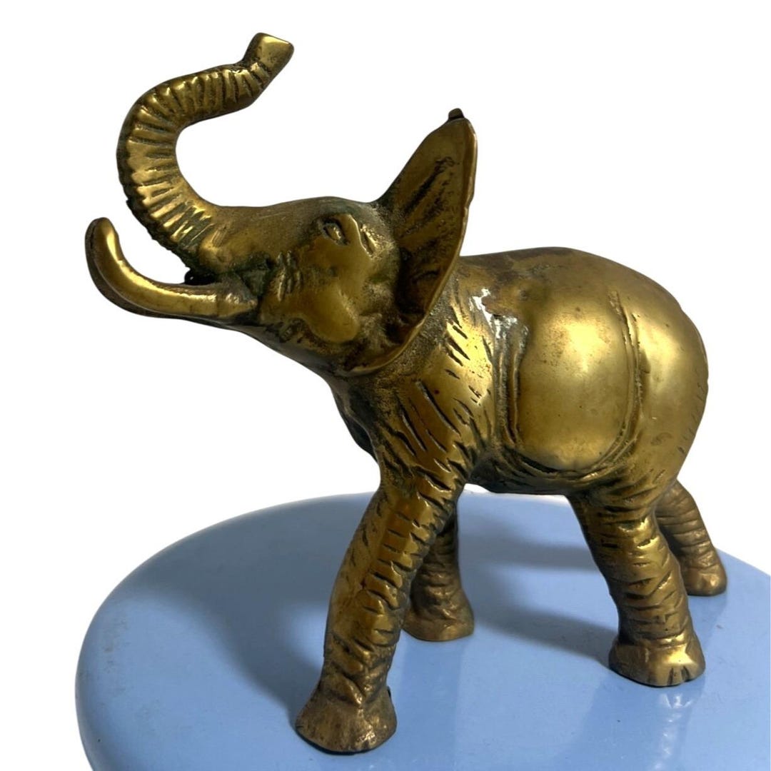Vintage MCM Solid Brass Elephant Figurine Sculpture Trunk up Home Decor ...