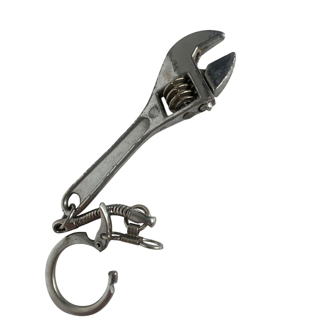 Vtg Mini Adjustable Wrench Keychain Spring Clip Silver Metal Hong Kong ...