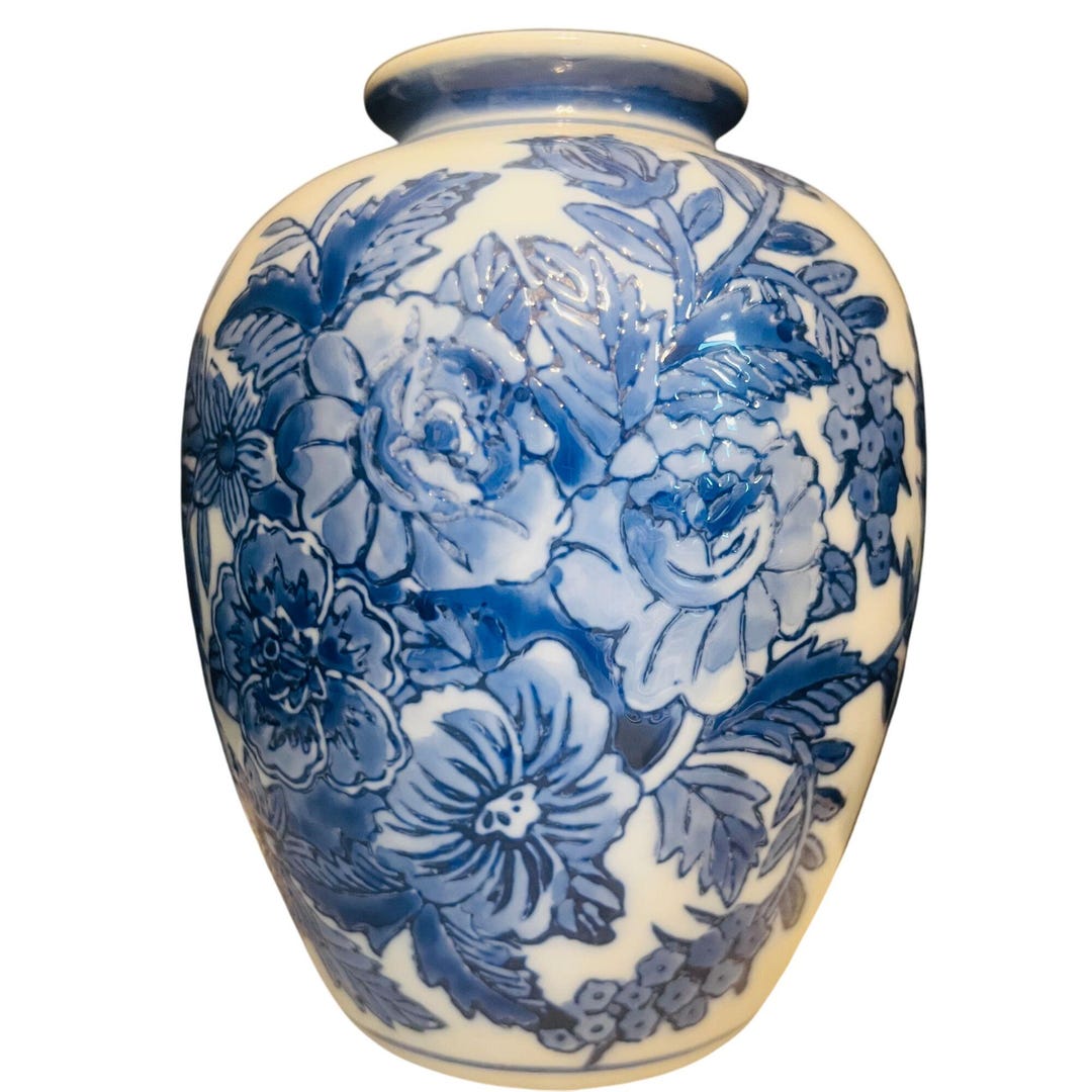 Blue & White Floral Porcelain Embossed Handpainted Vase 7" Tall Elegant ...