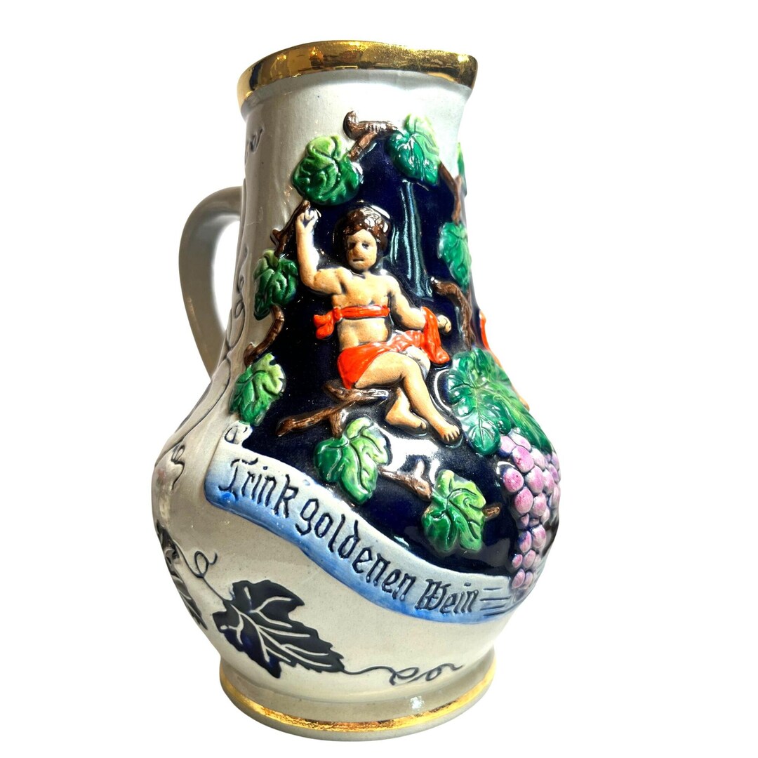 Vtg German Beer Stein Pitcher Gold Trim Embossed Original Thwalt Wein ...