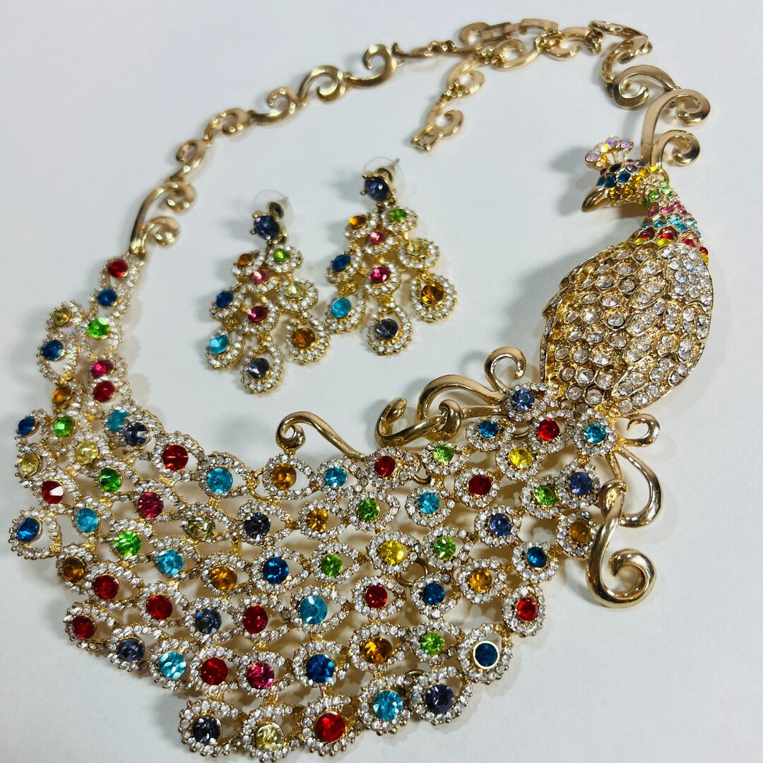 Large Peacock-inspired Gold-tone Multicolor Crystal Necklace Earrings ...