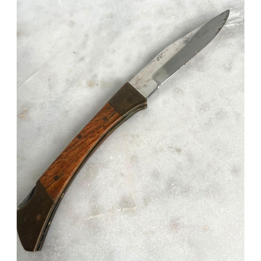 Vintage Folding Pocket Knife Stainless Steel Blade & Wood Handle Brass ...