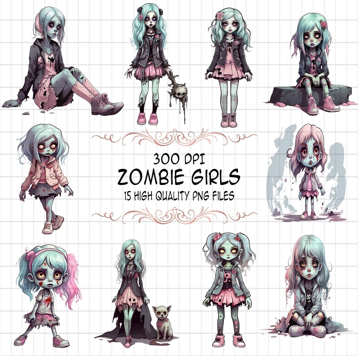 Pastel Zombie Girl Clipart Pack, Halloween Zombie Girl Png, Cute Pastel ...