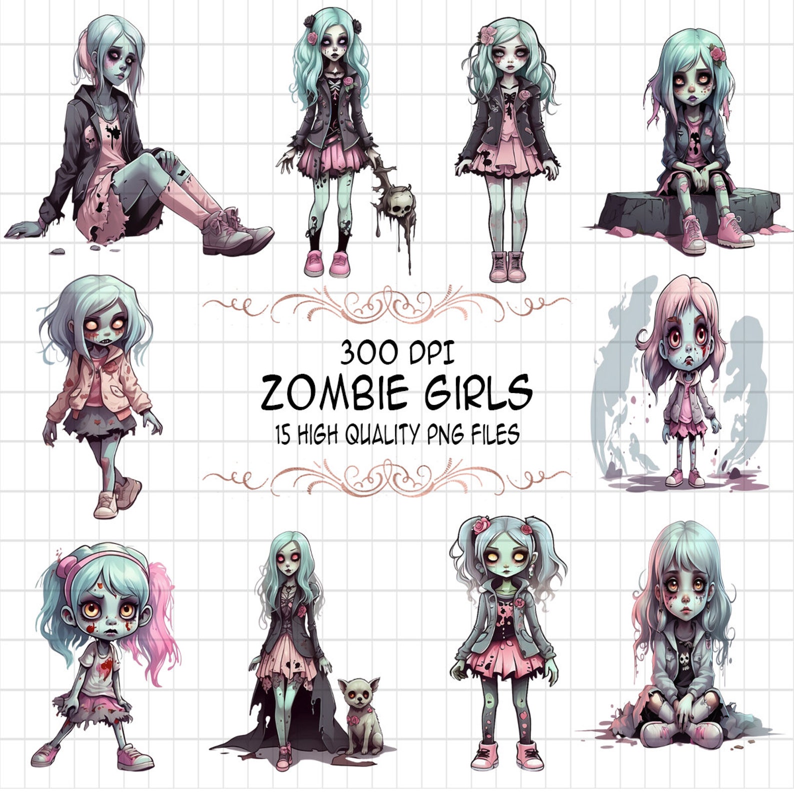 Pastel Zombie Girl Clipart Pack Halloween Zombie Girl Png Cute Pastel