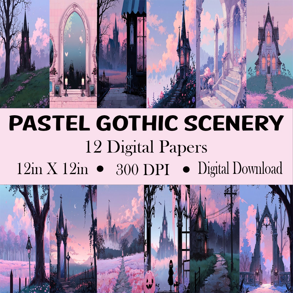 Pastel Gothic Scenery Digital Paper, Gothic Paper Scrapbooking, Pastel ...
