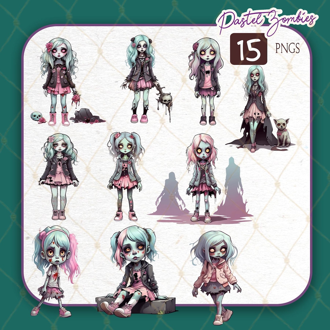 Pastel Zombie Girl Clipart Pack, Halloween Zombie Girl Png, Cute Pastel ...