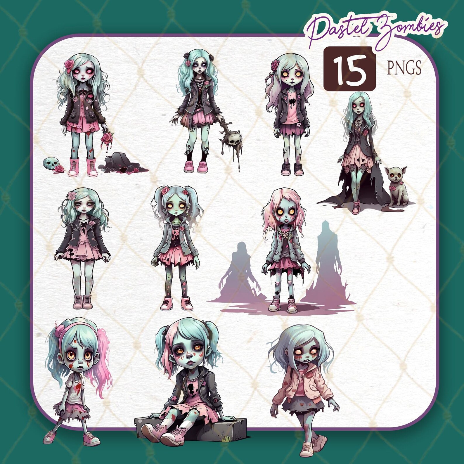 Pastel Zombie Girl Clipart Pack, Halloween Zombie Girl Png, Cute Pastel ...