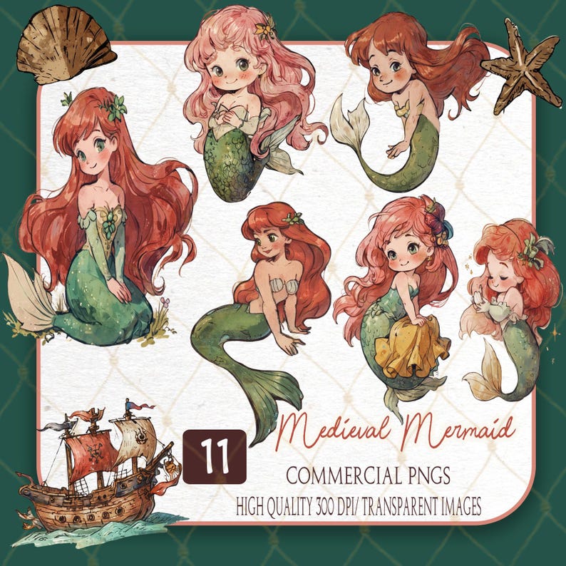 Cute Chibi Mermaid Png File Bundle, Medieval Mermaid Style Png, Ariel ...