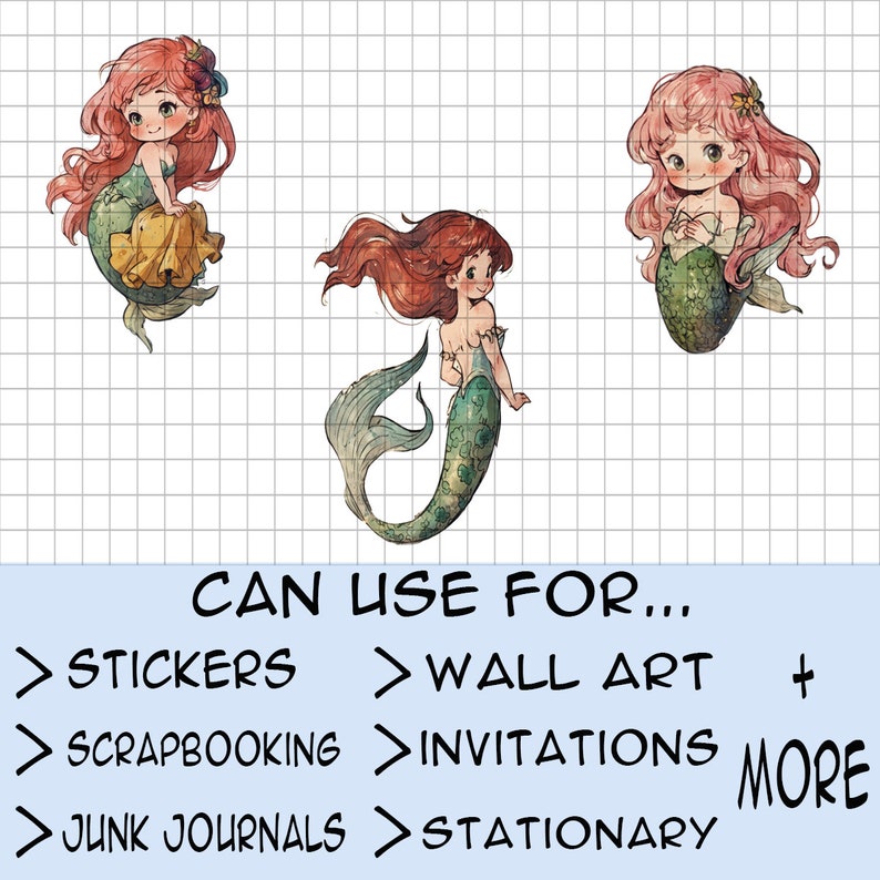 Cute Chibi Mermaid Png File Bundle, Medieval Mermaid Style Png, Ariel ...