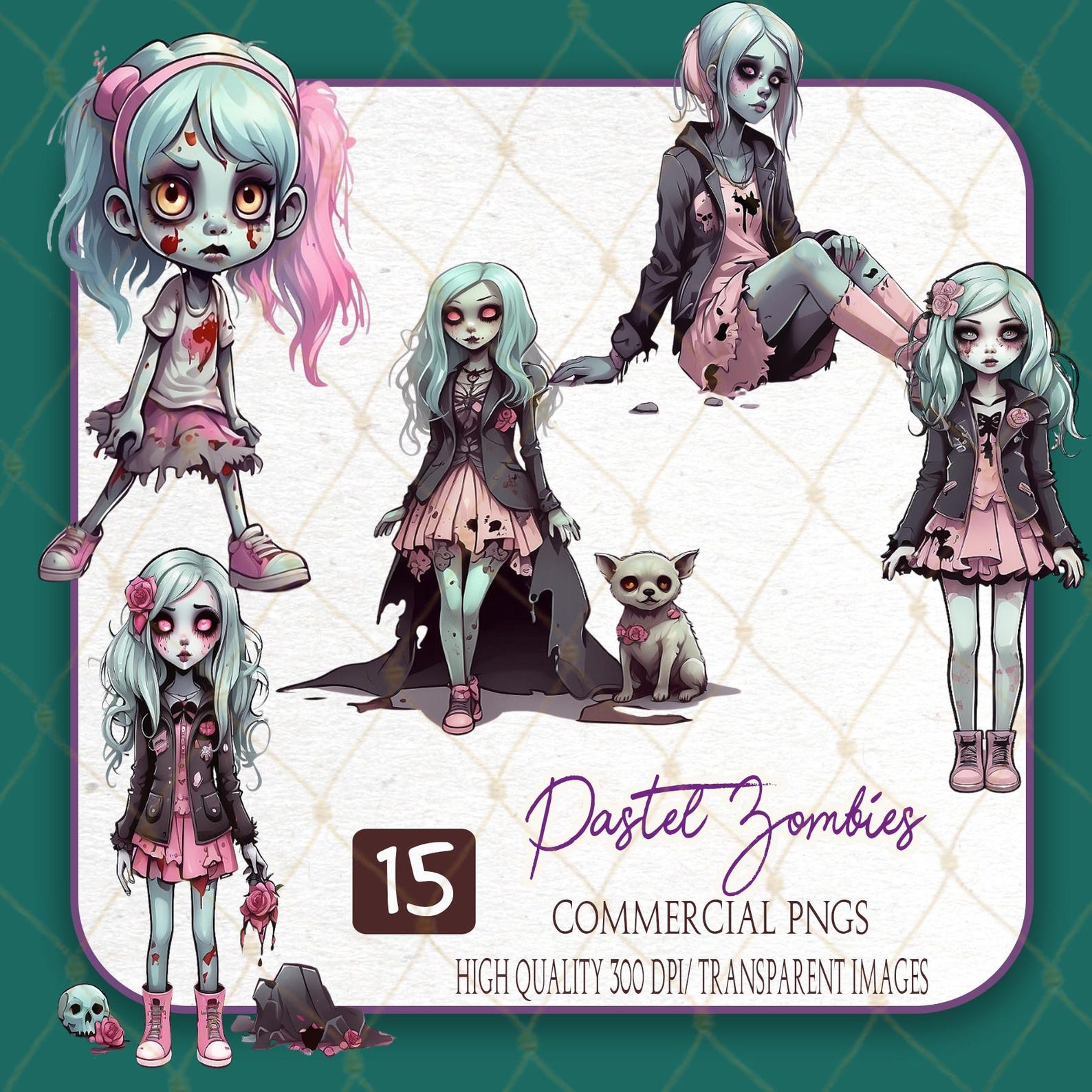 Pastel Zombie Girl Clipart Pack, Halloween Zombie Girl Png, Cute Pastel ...