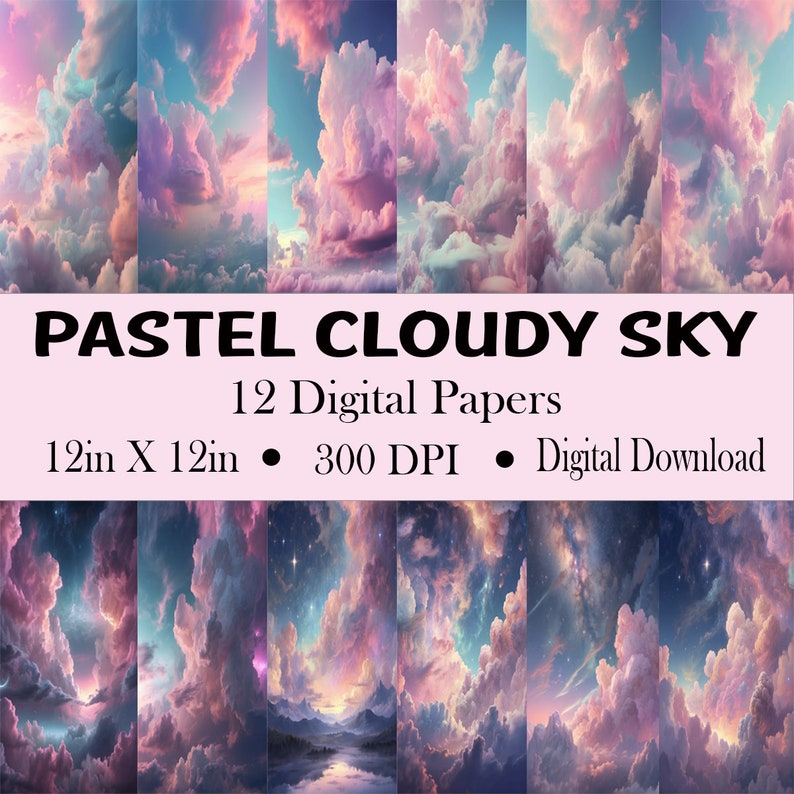 Pastel Cloudy Sky Digital Paper, Digital Design, Scrapbooking Paper ...