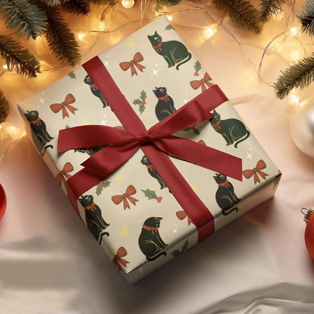 Christmas Cat Wrapping Paper, Festive Vintage Holiday Design - Etsy