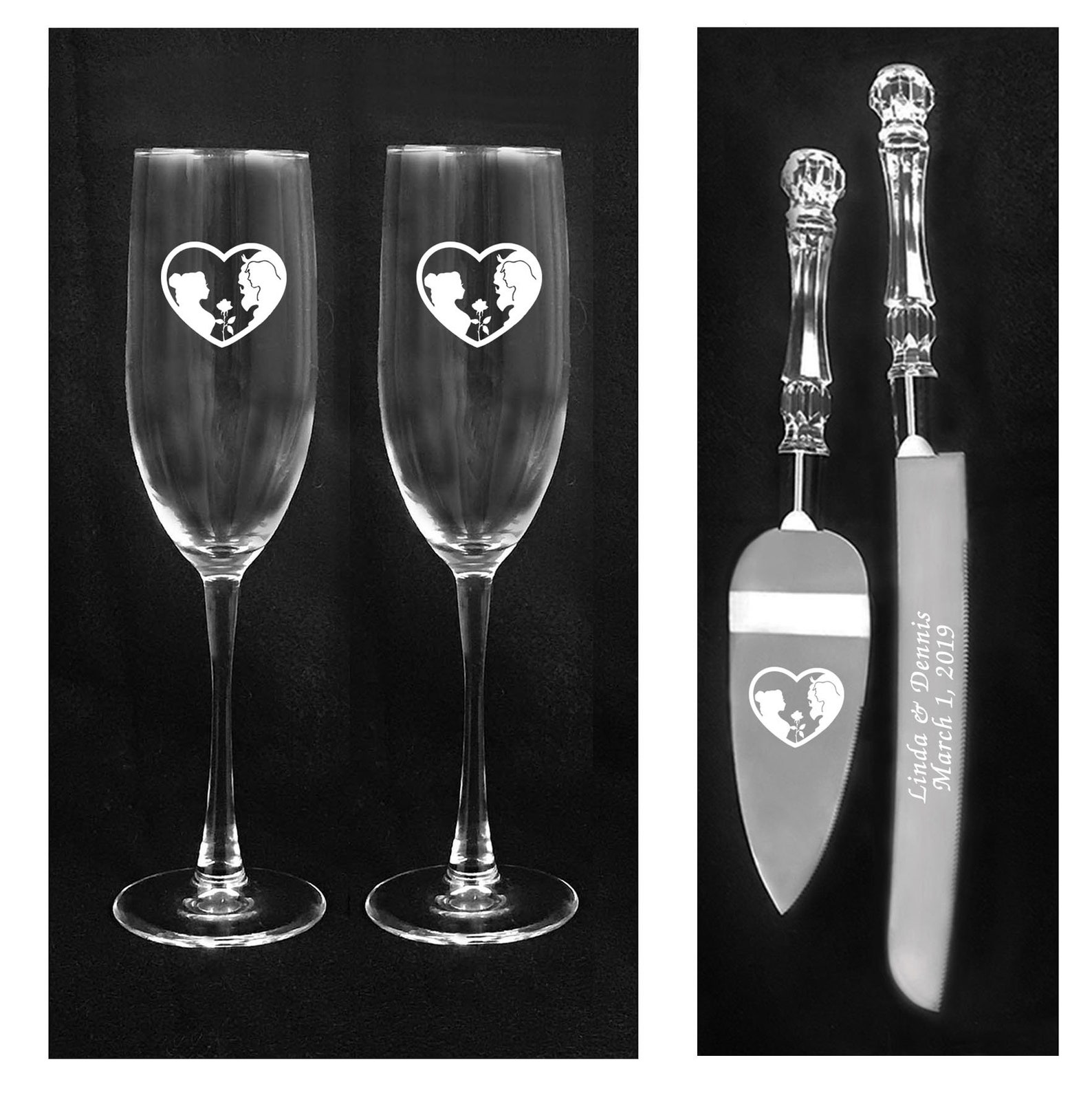 Engraved Beauty and the Beast Heart Wedding Glasses and Knife Set FREE ...