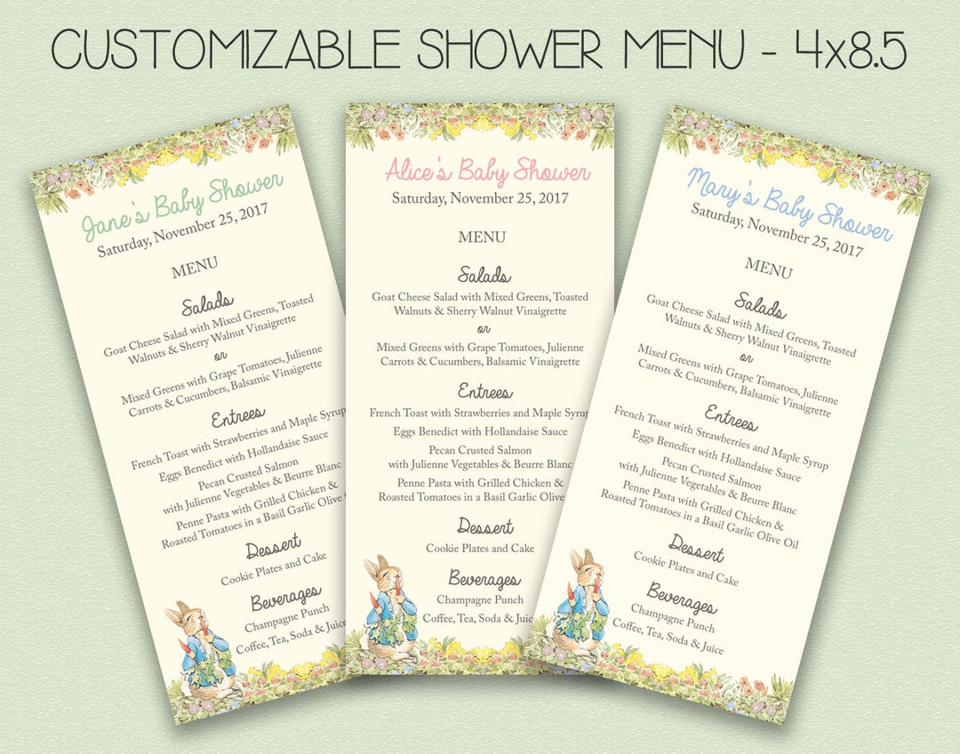 Peter Rabbit Menu Baby Shower - Vintage Beatrix Potter Theme, Beatrix ...