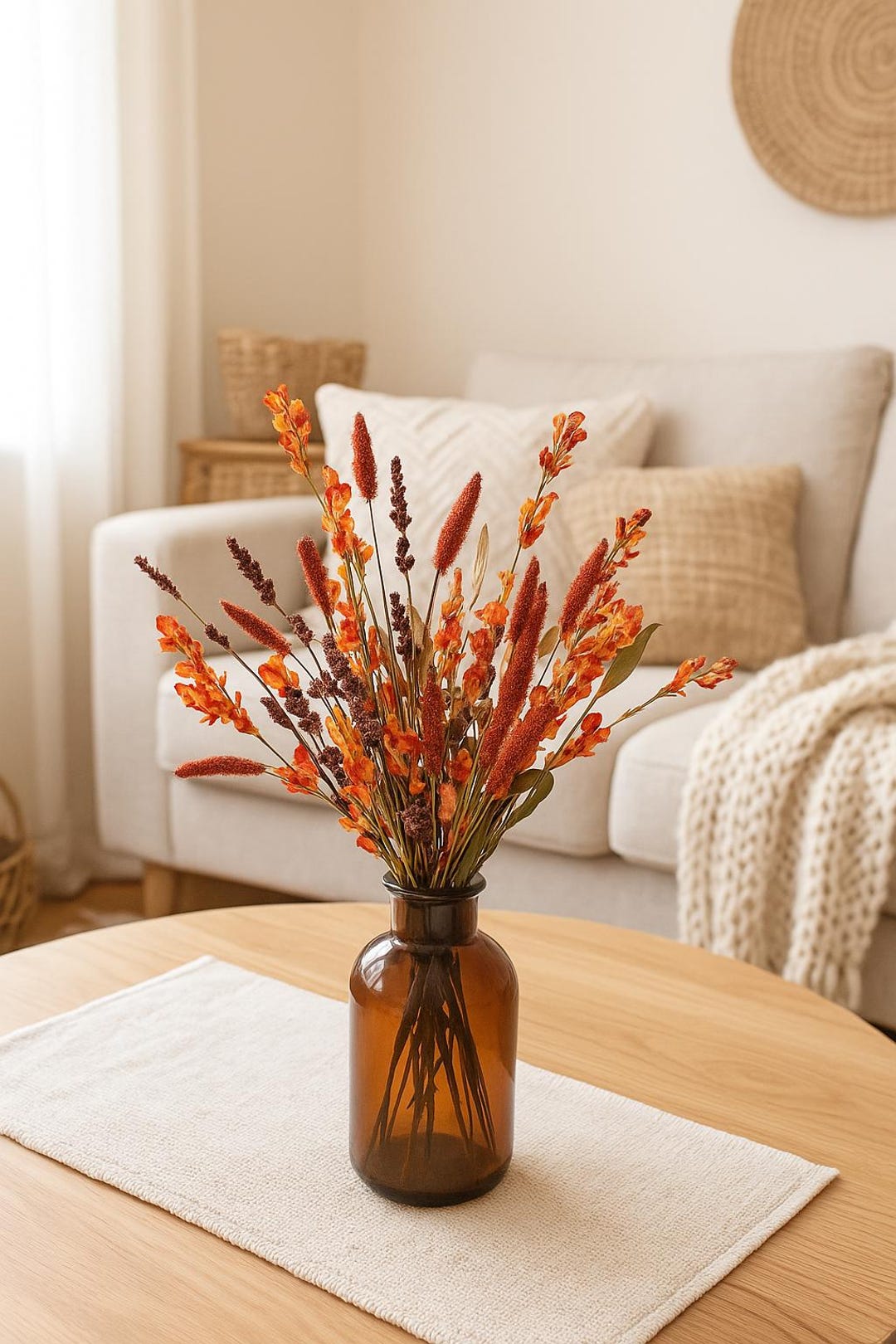 Fall Dried Flower Arrangement in Amber Glass Vase | Rustic Autumn ...