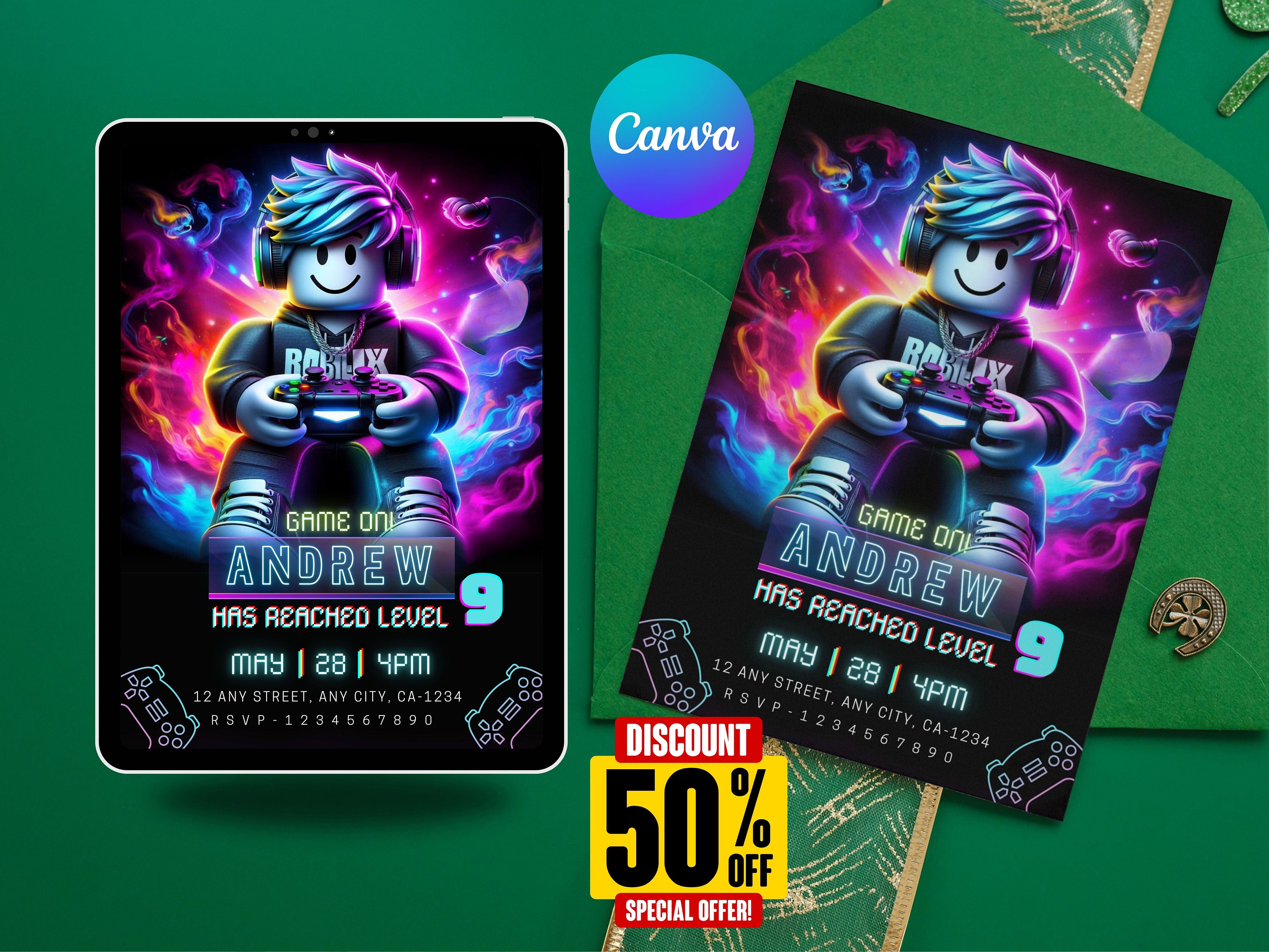 Roblox Invitation, Roblox Invite, Roblox Boy Birthday Invitation, Gamer ...