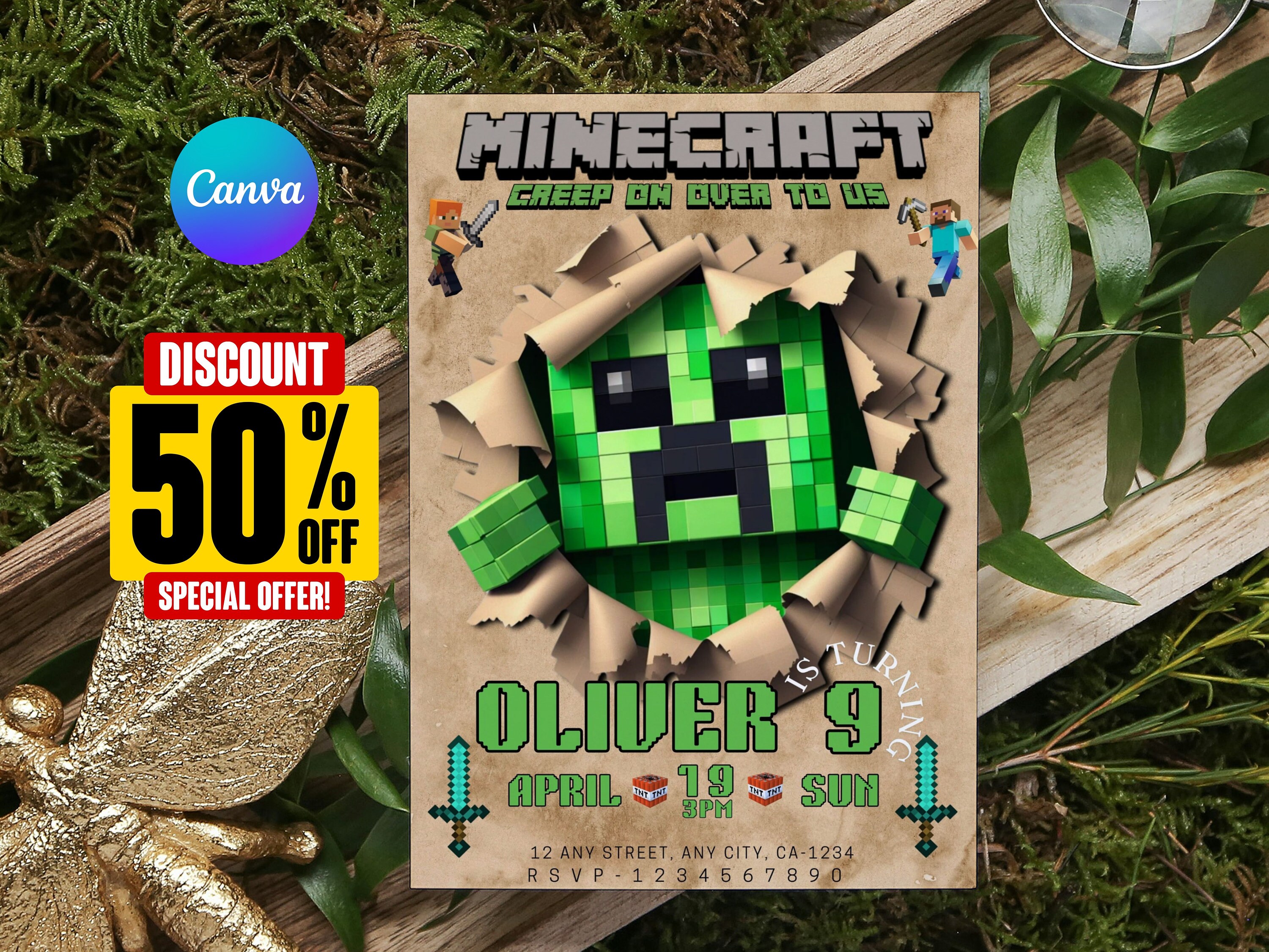 Minecrafter Creeper Birthday Invitation Editable Minecrafter Invitation ...
