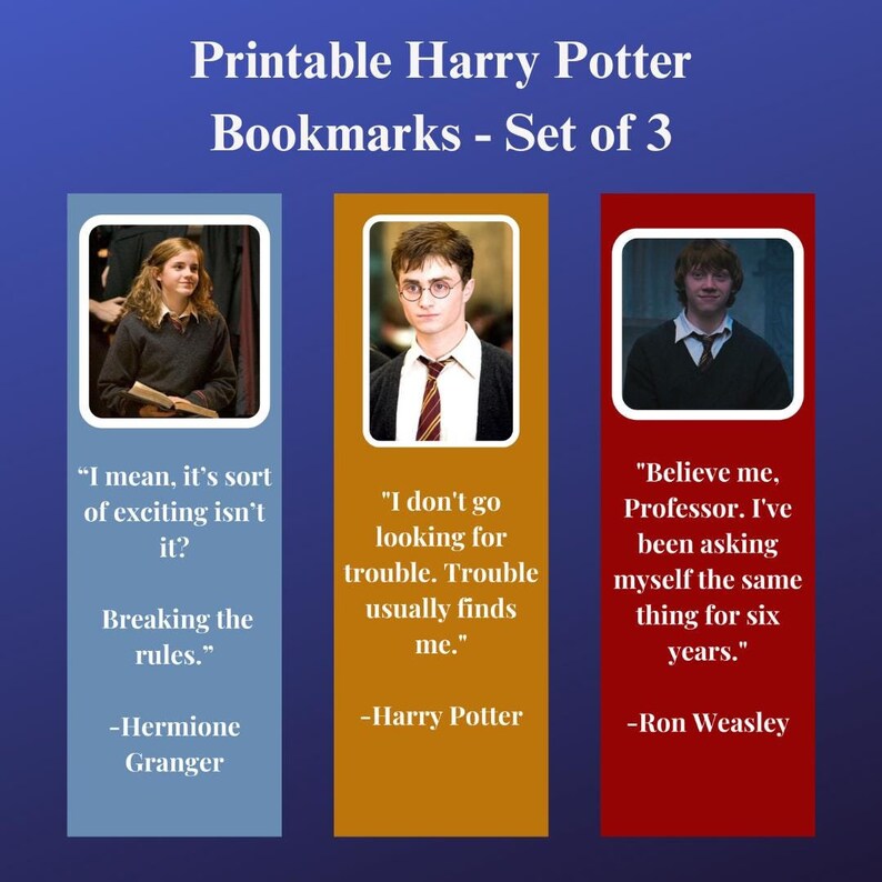 Printable Harry Potter Bookmarks Set of 3 Harry, Ron, and Hermione ...