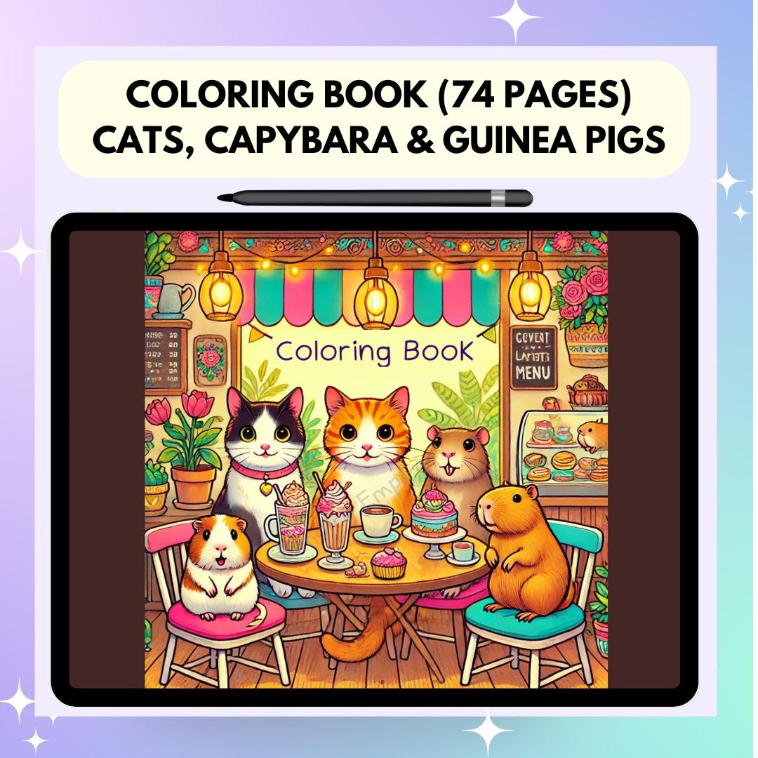 Coloring Book With Cute Cats, Capybara, Rabbits and Guinea Pigs for ...