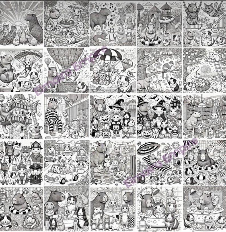 Coloring Book With Cute Cats, Capybara, Rabbits and Guinea Pigs for ...