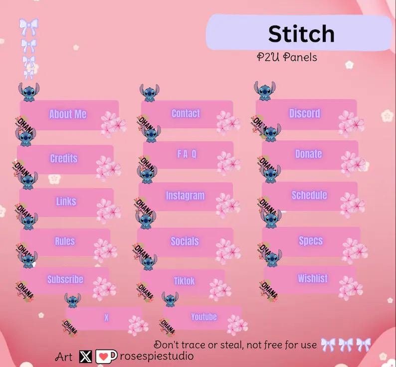 Stitch Twitch Panels, P2U Stream Panels, Kawaii Pink Streamer Graphics ...