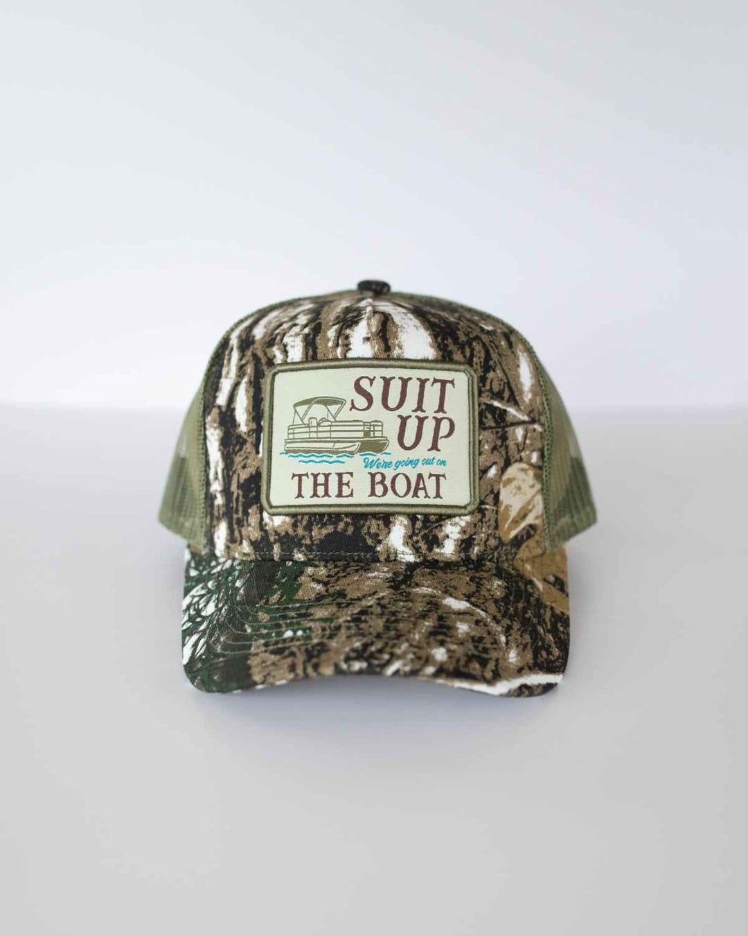 Camo Trucker Lake Hat: Going Out on the Boat Embroidered Pontoon Boat ...