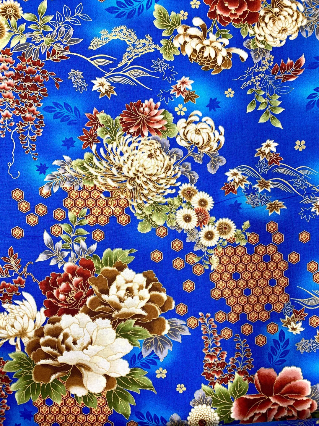 Honeycomb Florals Japanese Cotton Fabric N-1750-83D Blue Gold - Etsy