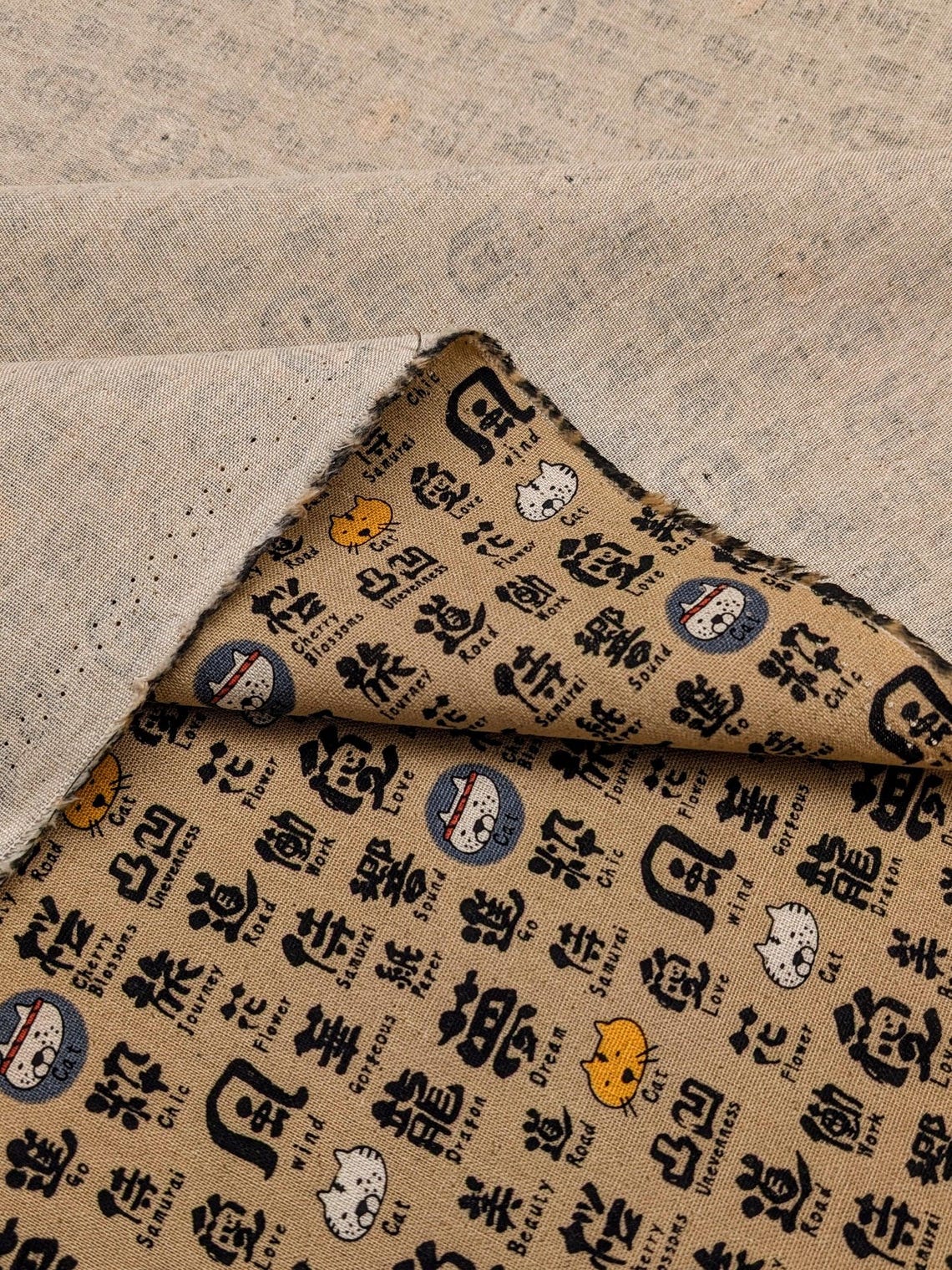 Kobayashi - Kanji Cats Cotton/linen Light Canvas Japanese Fabric - Tan ...