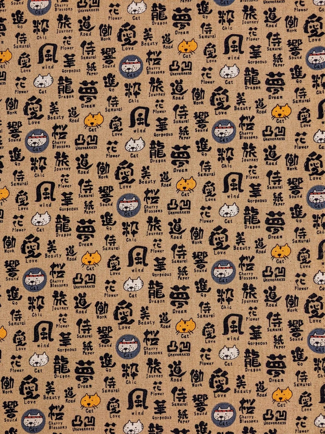 Kobayashi - Kanji Cats Cotton/linen Light Canvas Japanese Fabric - Tan ...