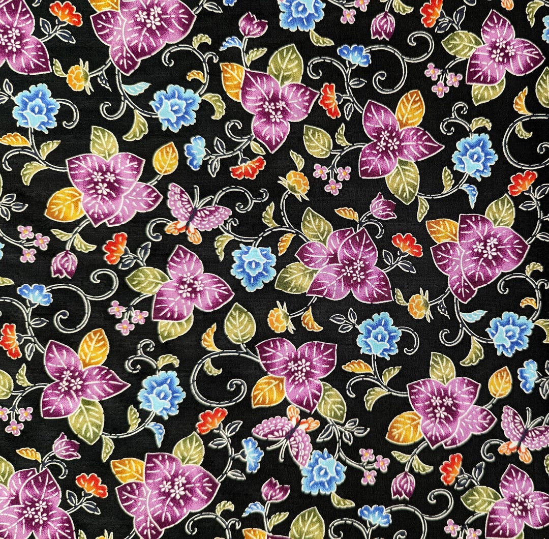 Tropical Bingata Flowers Cosmo Japanese Cotton Fabric AP35904-1E Black ...