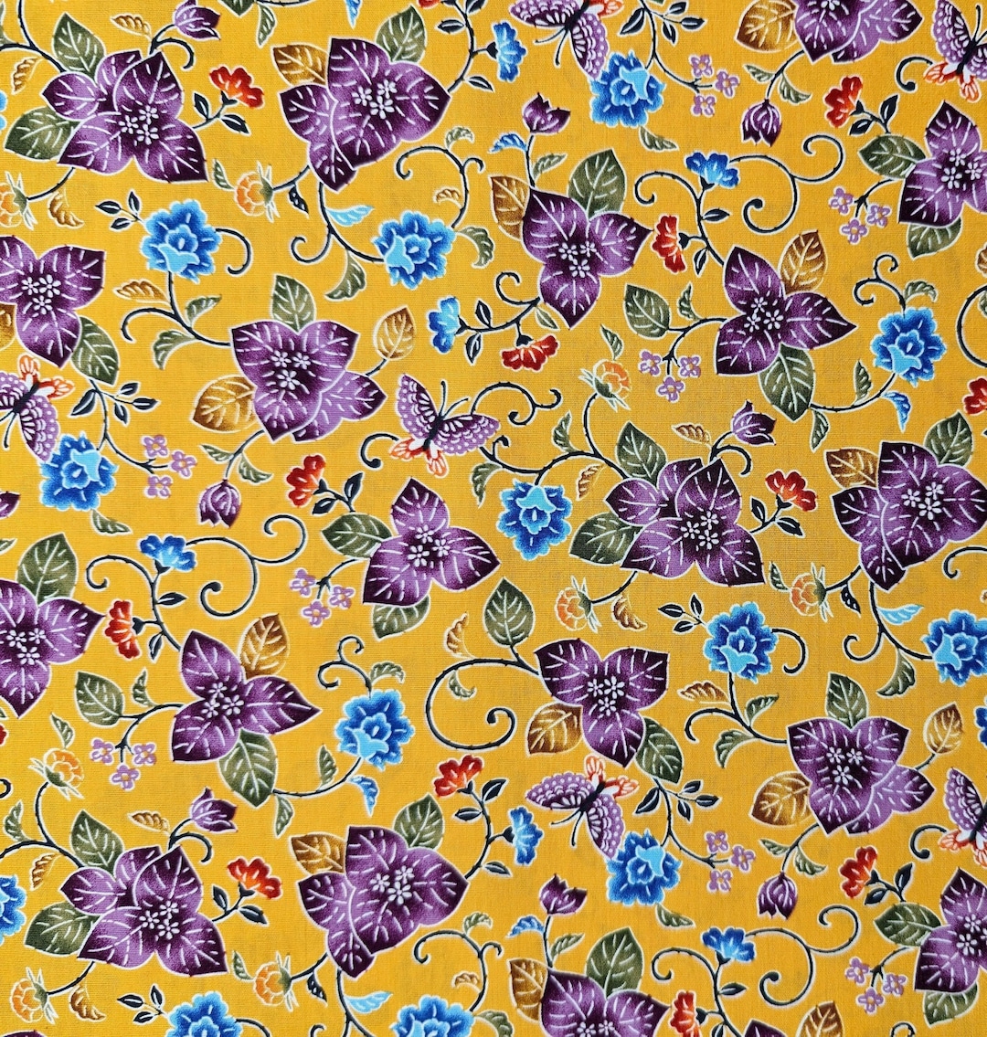 Tropical Bingata Flowers Cosmo Japanese Cotton Fabric AP35904-1B Yellow ...