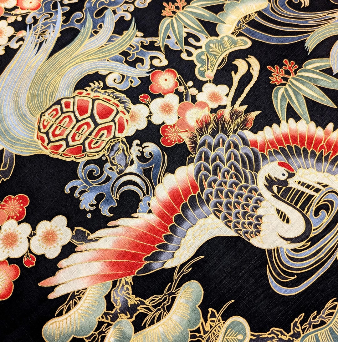 Golden Crane & Minogame Hokkoh Japanese Cotton Dobby Fabric 1025-100-5 ...
