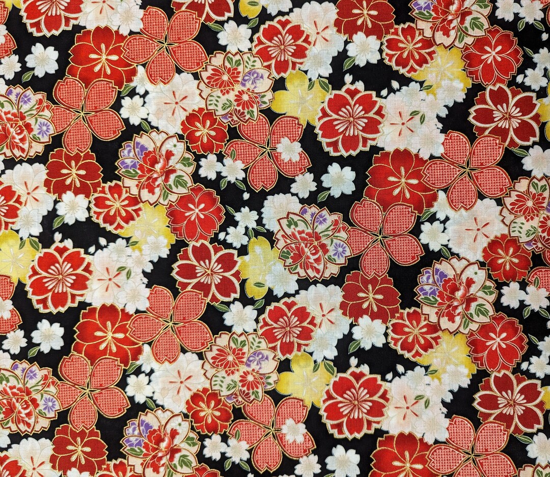 Golden Sakura Flowers Kokka Japanese Cotton Fabric YGA-61040-1E Black ...