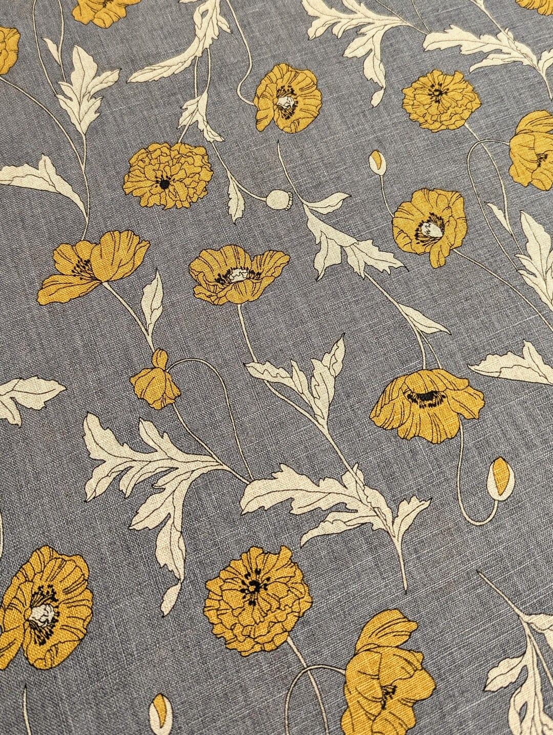 Summer Poppies Japanese Linen Fabric 7023-1710-2B Gray and Yellow - Etsy