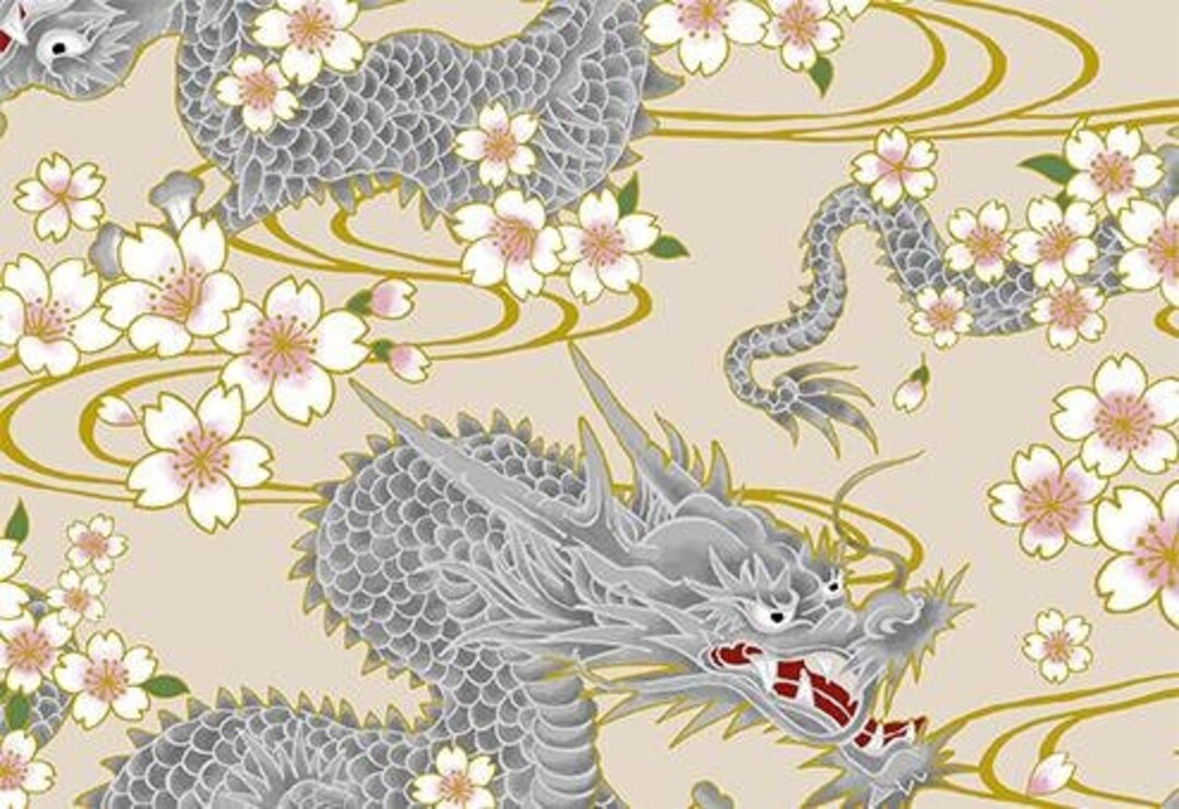 Quiltgate Hyakka Ryoran Water Dragon Cotton Fabric HR3440-11A Beige - Etsy