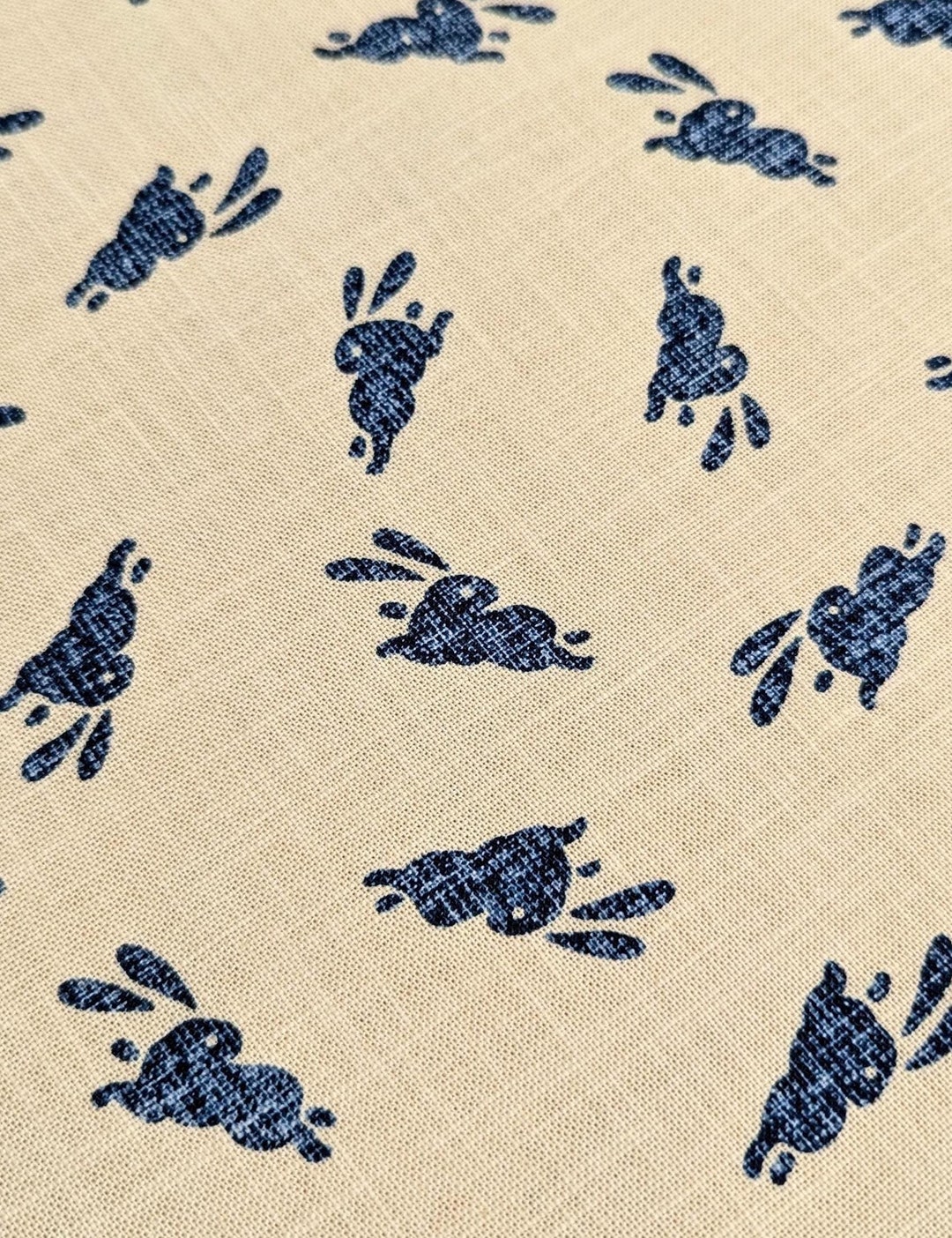 Hand Stenciled Bounding Rabbits Japanese Cotton Fabric KP7090-75 E Blue ...