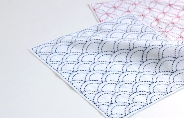Yokota Fan and Basketweave Sashiko Fukin Japanese Cotton Sampler Cloth ...