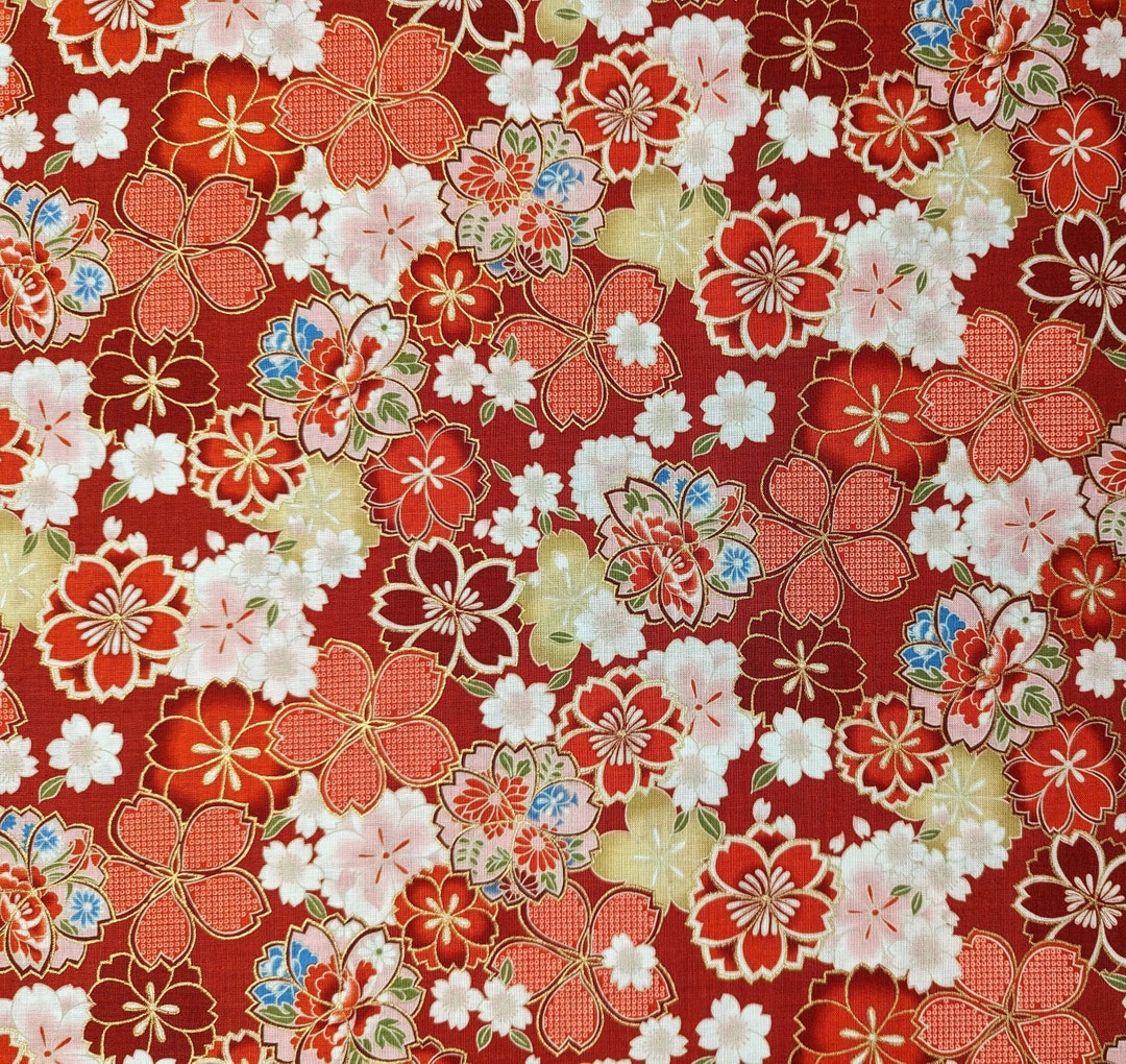 Golden Sakura Flowers Kokka Japanese Cotton Fabric YGA-61040-1C Red - Etsy
