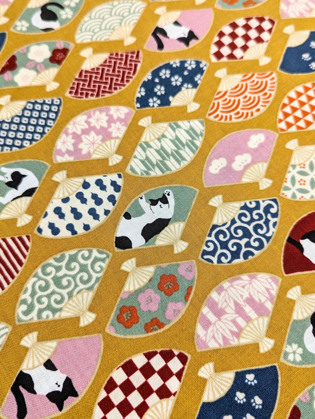 NEW Quilt Gate Cats and Fans Japanese Cotton Fabric AP45903-1A Yellow ...